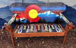 Pikes Peak Sunset Mural Bench W/ Moose - Colorado Ski Chairs